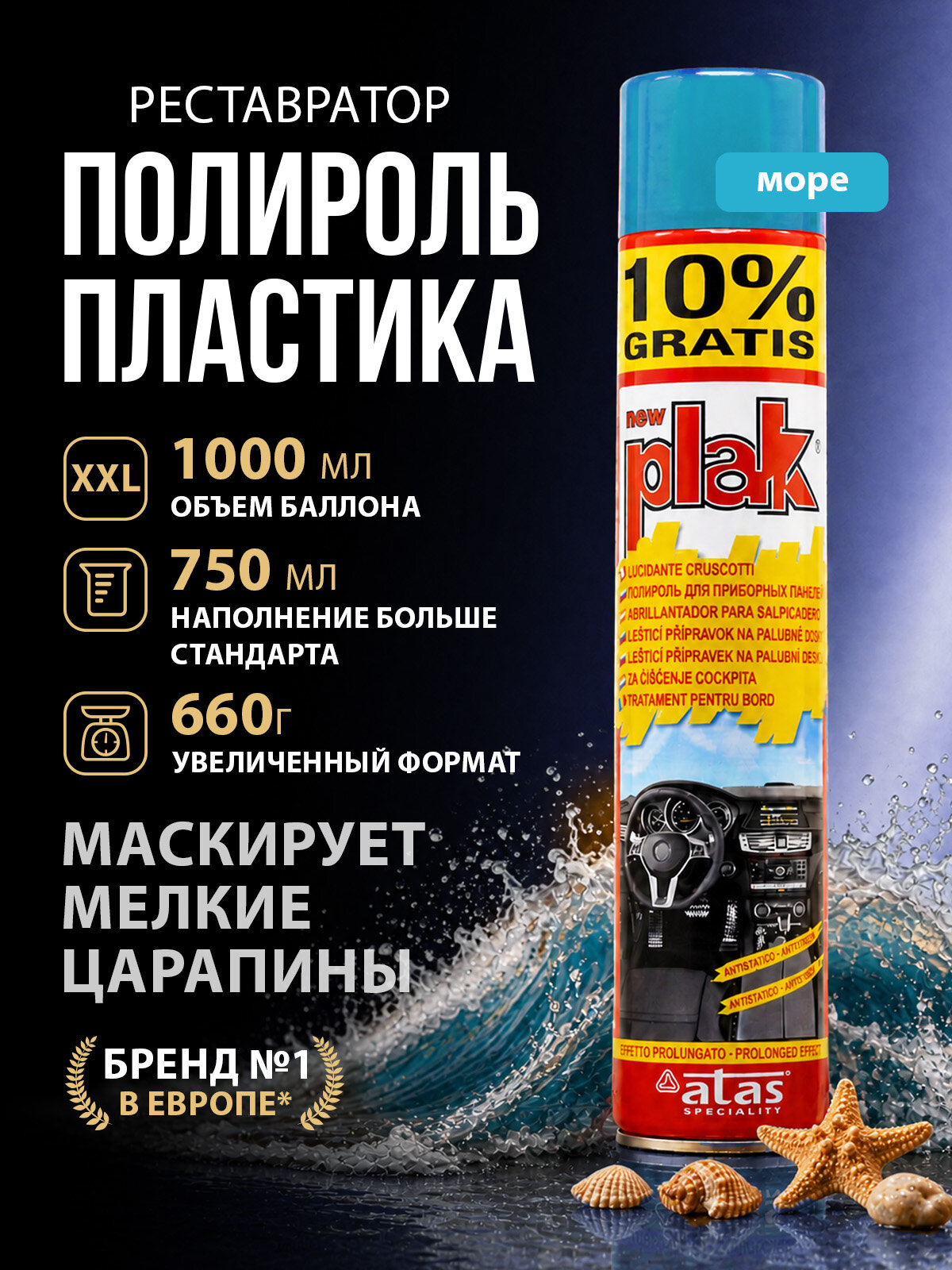 Полироль для пластика авто Plak Морской 750 мл блеск и защита панели