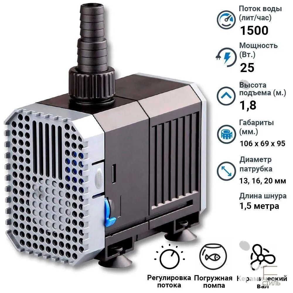 Погружная помпа Sunsun CHJ1500 с регулятором потока, эффективная модель для подъема воды на 1.8 м с производительностью 1500 л/ч и мощностью 25 Вт