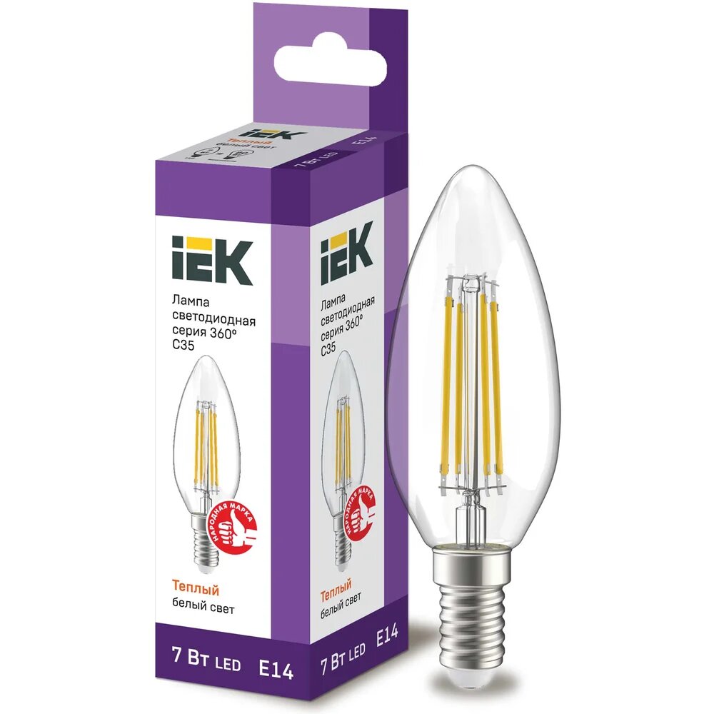 Лампа IEK серия 360, LED, C35, свеча, прозрачная, 7вт, 230В, 3000К, E14 LLF-C35-7-230-30-E14-CL