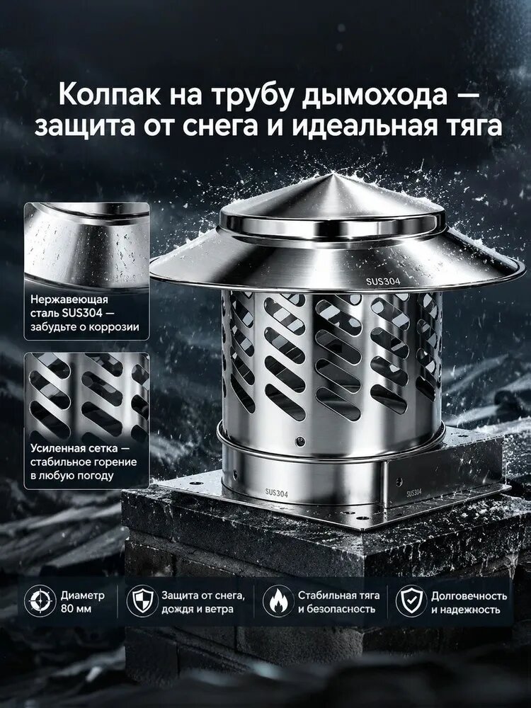 Колпак на дымоход нержавеющий SUS304, зонт для вытяжной трубы 80 мм-дефлятор вентиляционный жаростойкий, для печи и камина