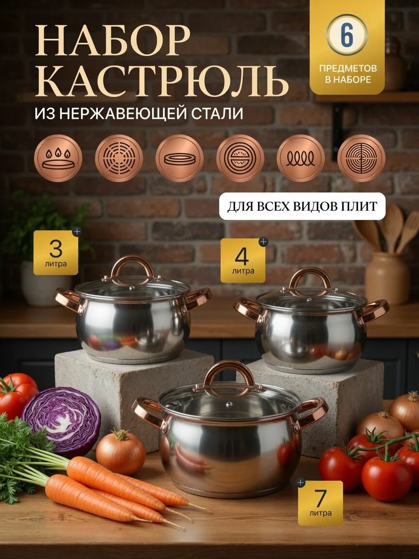 Набор Кастрюль С Крышкой И Толстым Дном Для Кухни и Готовки. Антипригарное Покрытие Маленьких, Больших Из Нержавеющей Стали Для Газовых, Электрических, Индукционных Плит. Серебристый Бронза, 3шт
