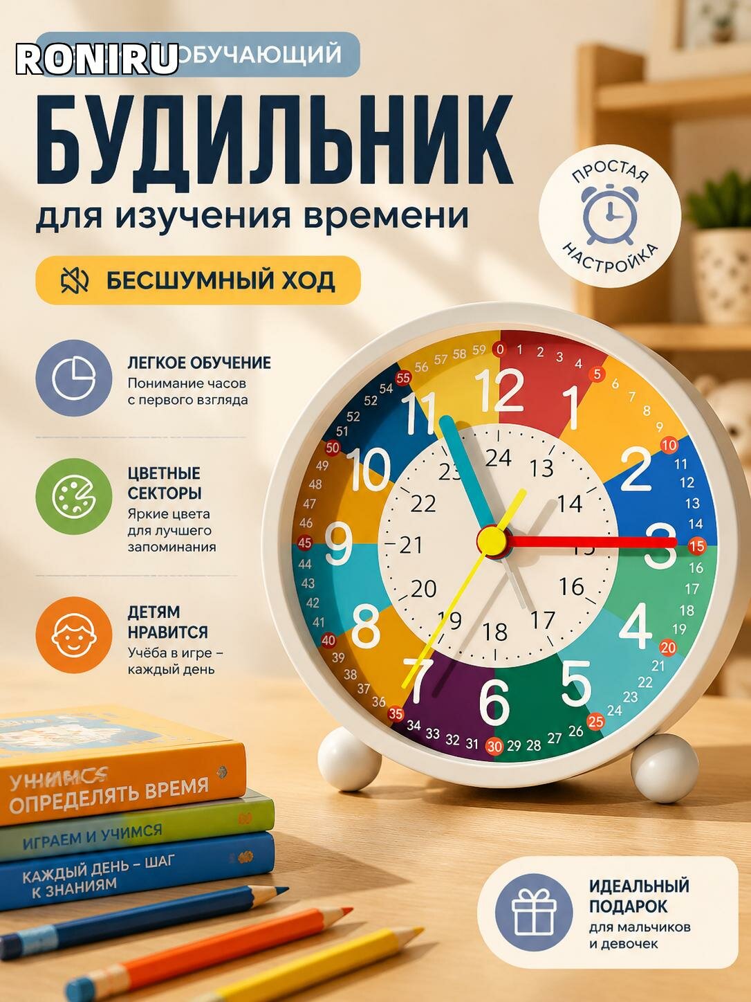 Детский обучающий будильник для изучения времени с бесшумным ходом и разноцветными цифрами, простая настройка!