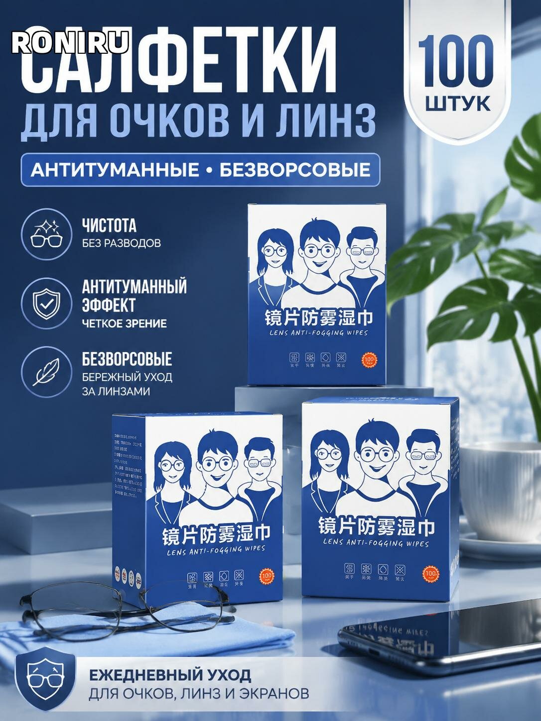 Салфетки для очков и линз 100 шт, антитуманные безворсовые подушечки для ежедневного ухода за очками и экранами