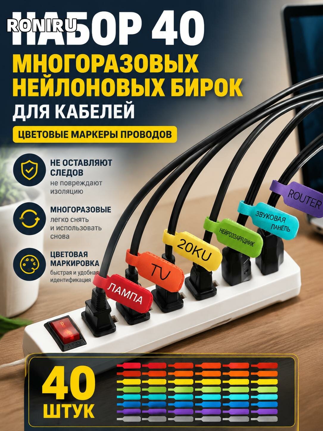 Набор 40 многоразовых нейлоновых бирок для кабелей — цветовые маркеры проводов для дома и офиса, не оставляют следов