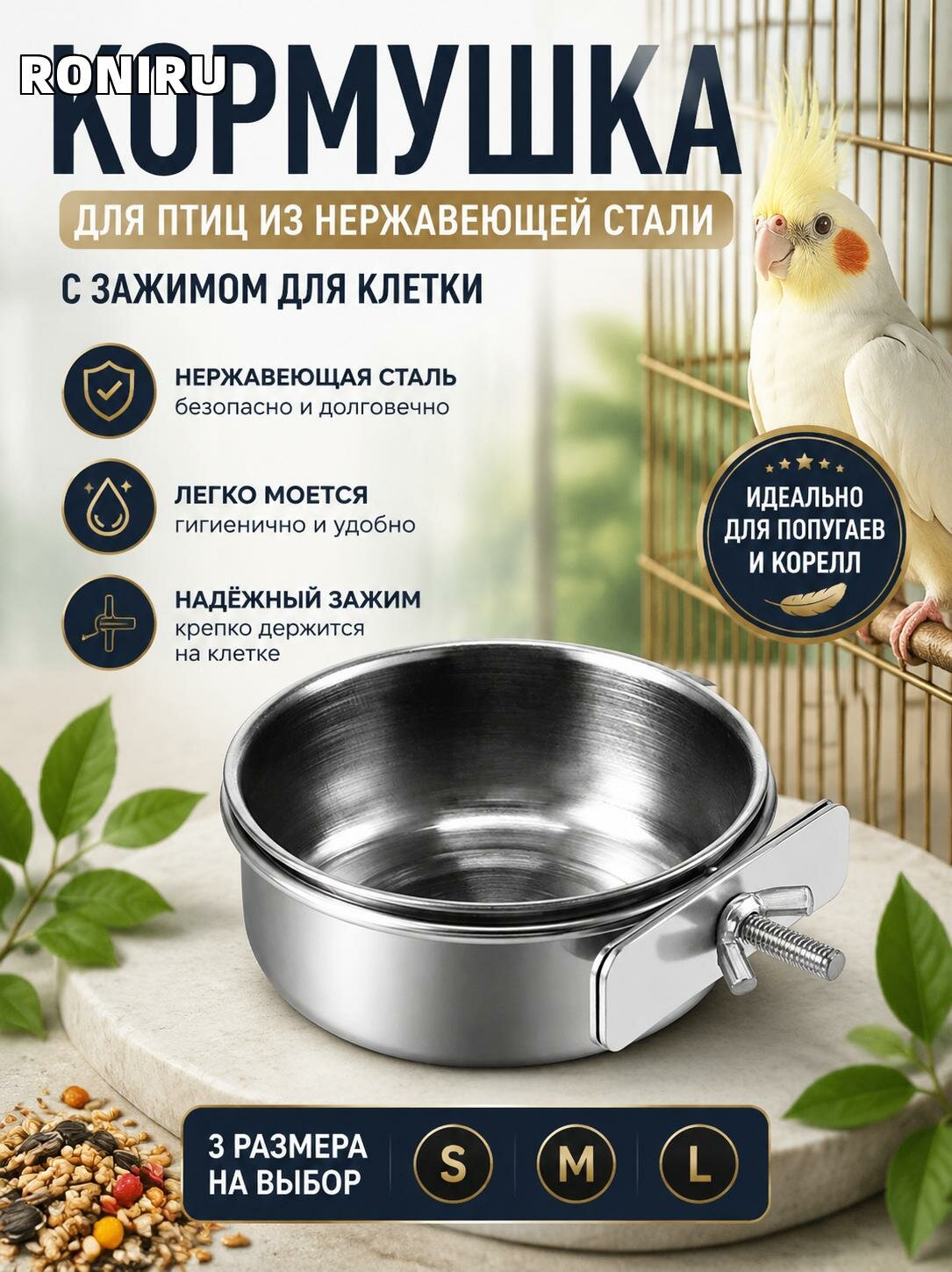 Кормушка для птиц нержавеющая сталь с зажимом для клетки, 3 размера, легко моется, для попугаев, корелл