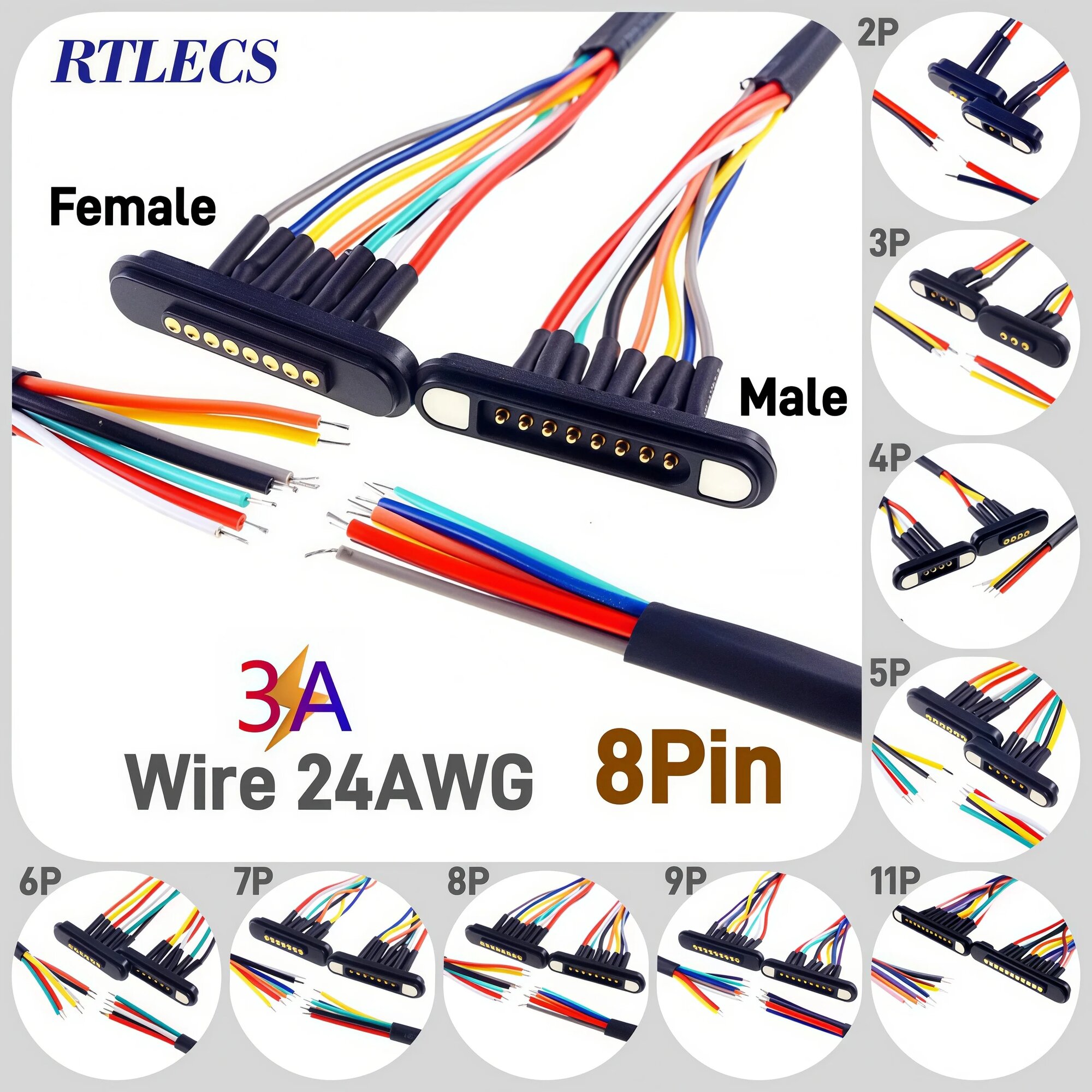 RTLECS 8Pin 3A Pogo Pin кабель, 6p, Male Female, 3шт