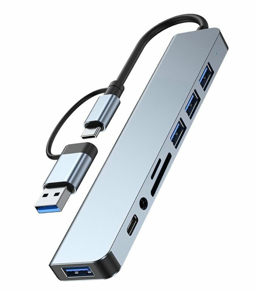 USB разветвитель 8 в 1 Type-C Aux 3,5 4 порта USB концентратор для ноутбука / смартфона