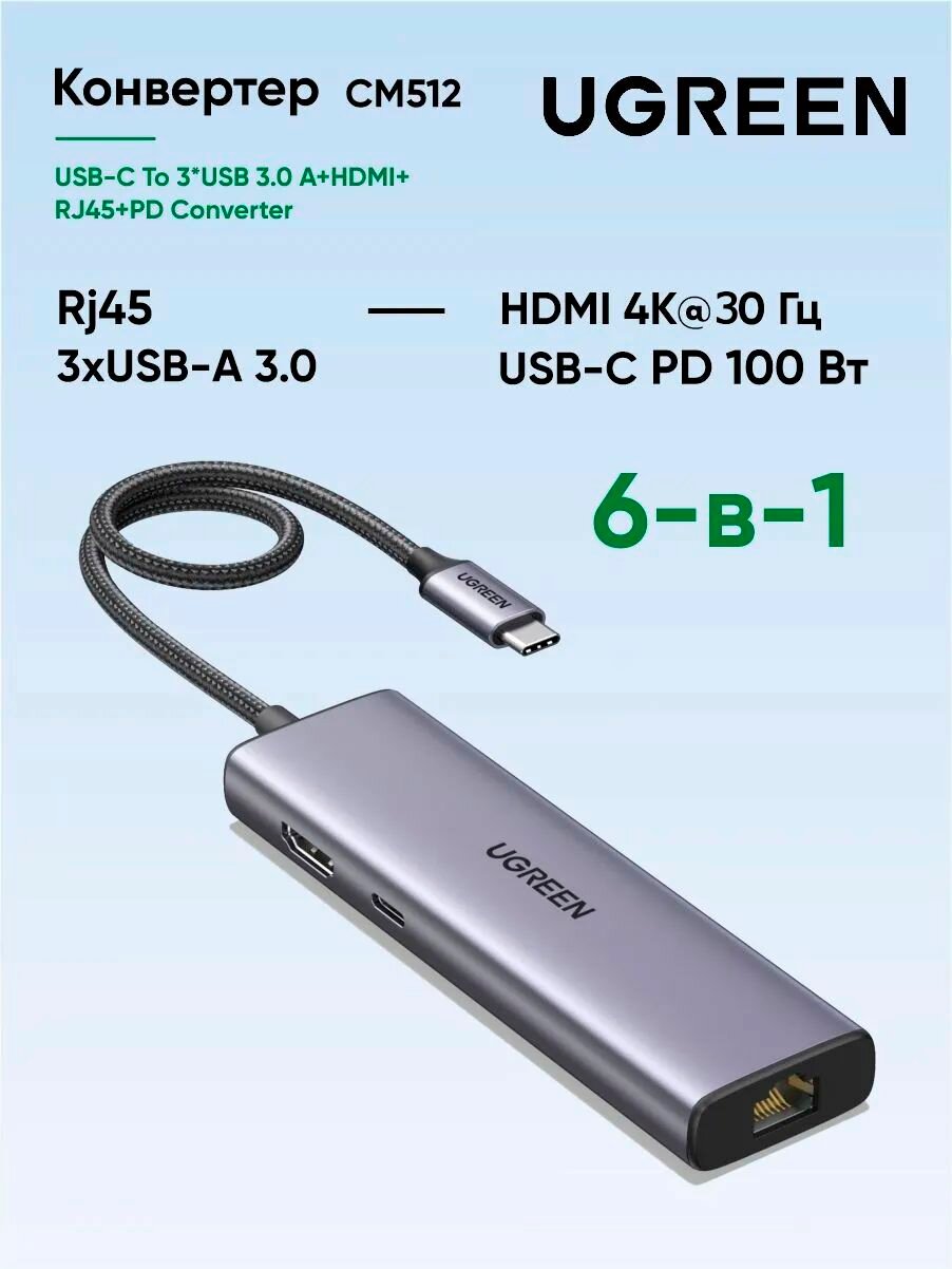 Конвертер UGREEN CM512 (15598) USB-C To 3*USB 3.0 A+HDMI+RJ45+PD Converter, серый