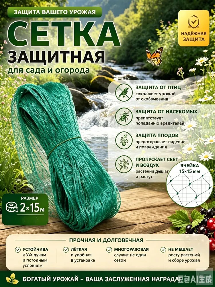 Сетка садовая защитная от птиц, Полиэтилен,38г/кв. м,15х2м