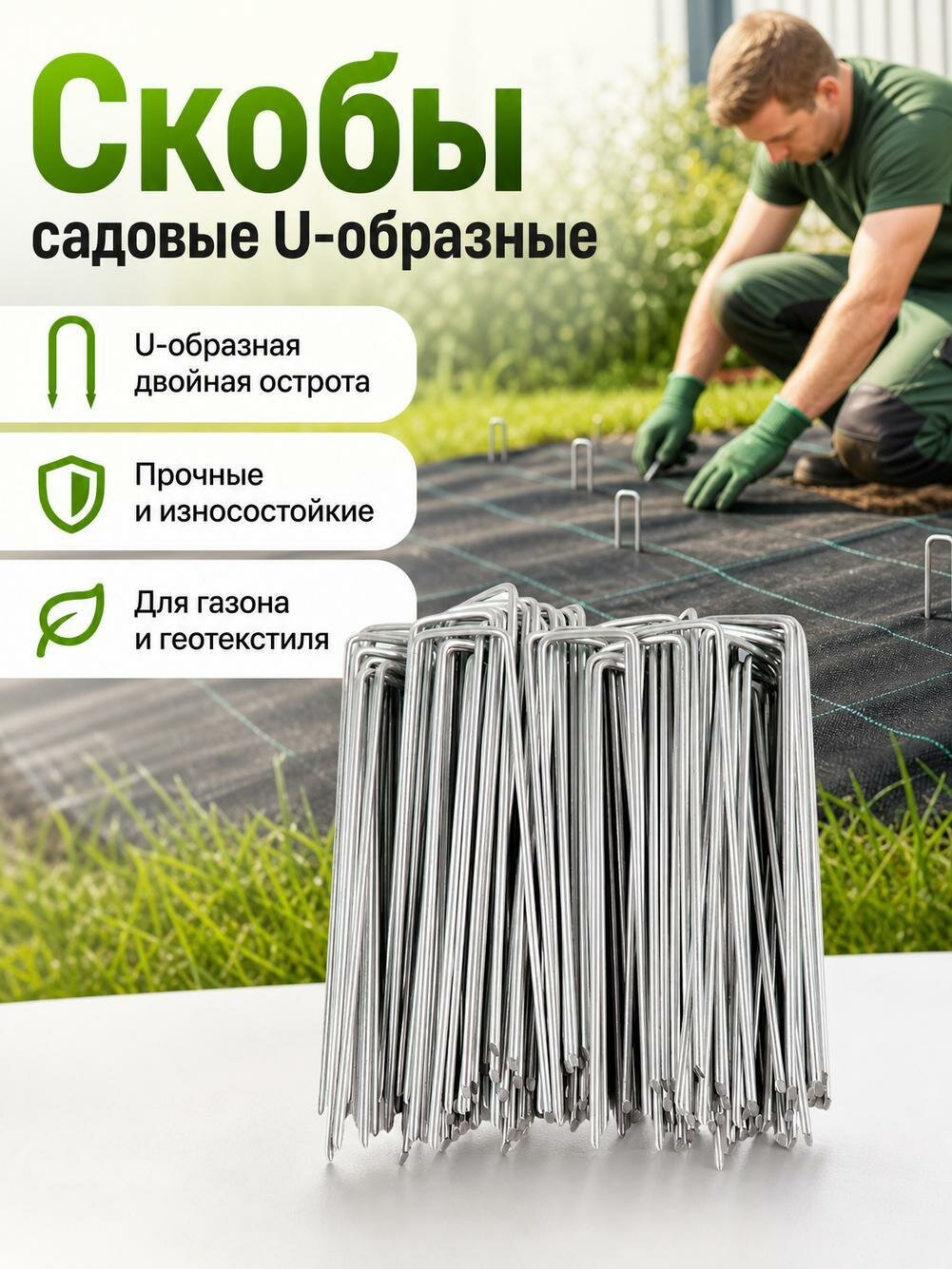 Скобы садовые (колышки) П-образные из оцинкованной стали, крепление укрывного материала, геотекстиля, держатели для мембран и сеток
