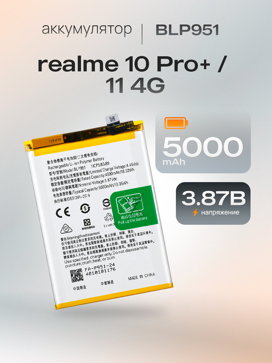 Аккумулятор BLP951 для realme 10 Pro Plus 5G/11 4G, батарея АКБ для смартфона