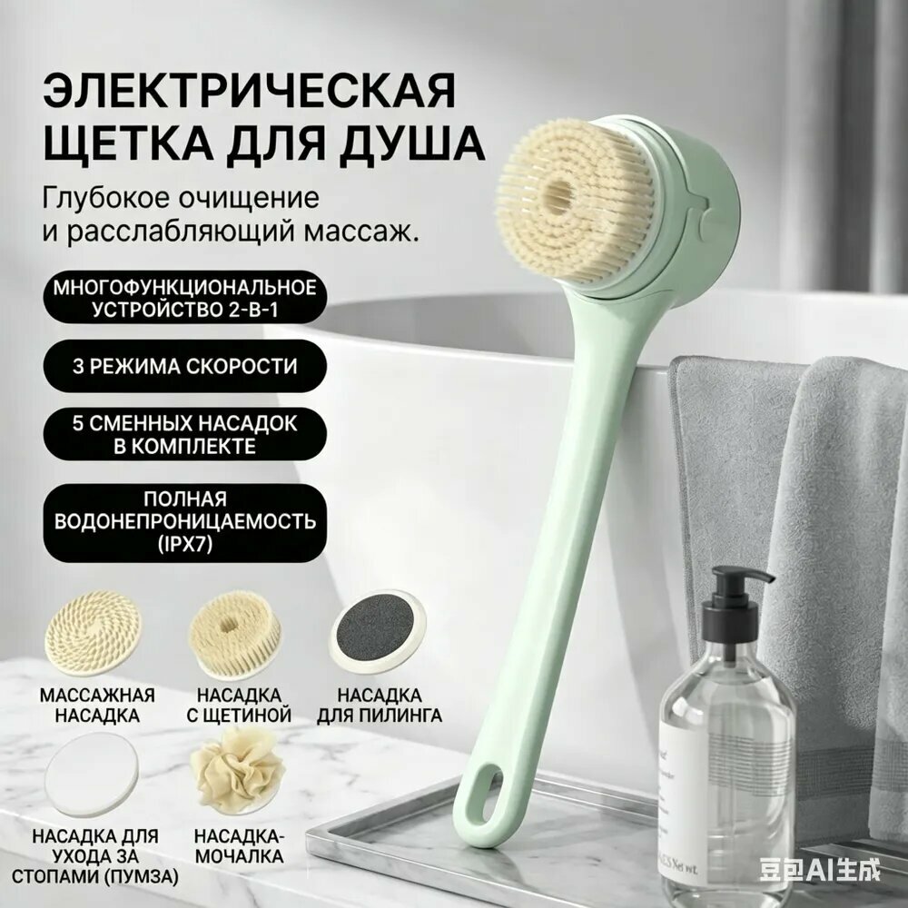 Электрическая щетка для душа, массажёр‑мочалка с 5 сменными насадками