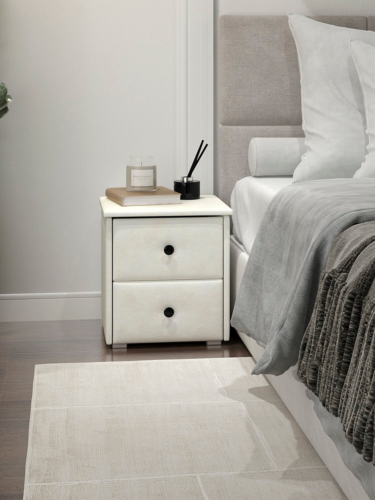 Тумба Komfort-722 бежевый с 2 ящиками, прикроватная мягкая, тканевая обивка, 2 ящика, в спальню — фото 1