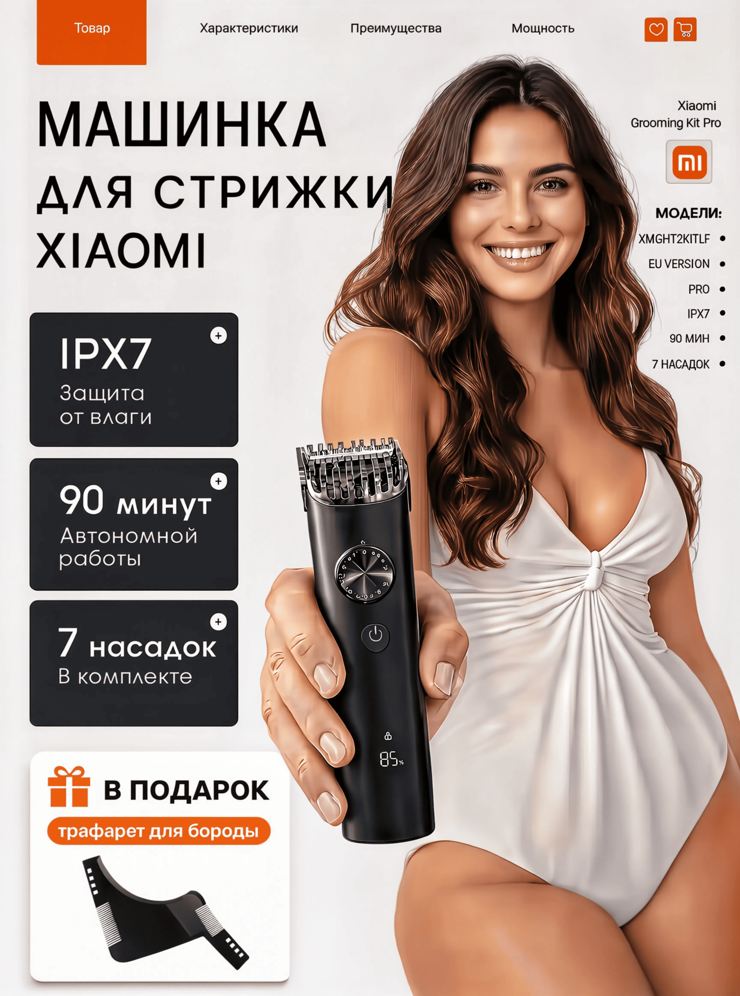 (Комплект)-Машинка для стрижки Xiaomi Grooming Kit Pro (XMGHT2KITLF) ЕU + Трафарет для бороды мужской в подарок