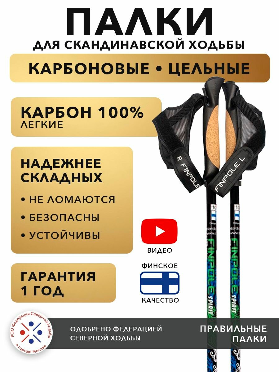 Цельные палки для скандинавской ходьбы Finpole 115 см, карбоновые 100%