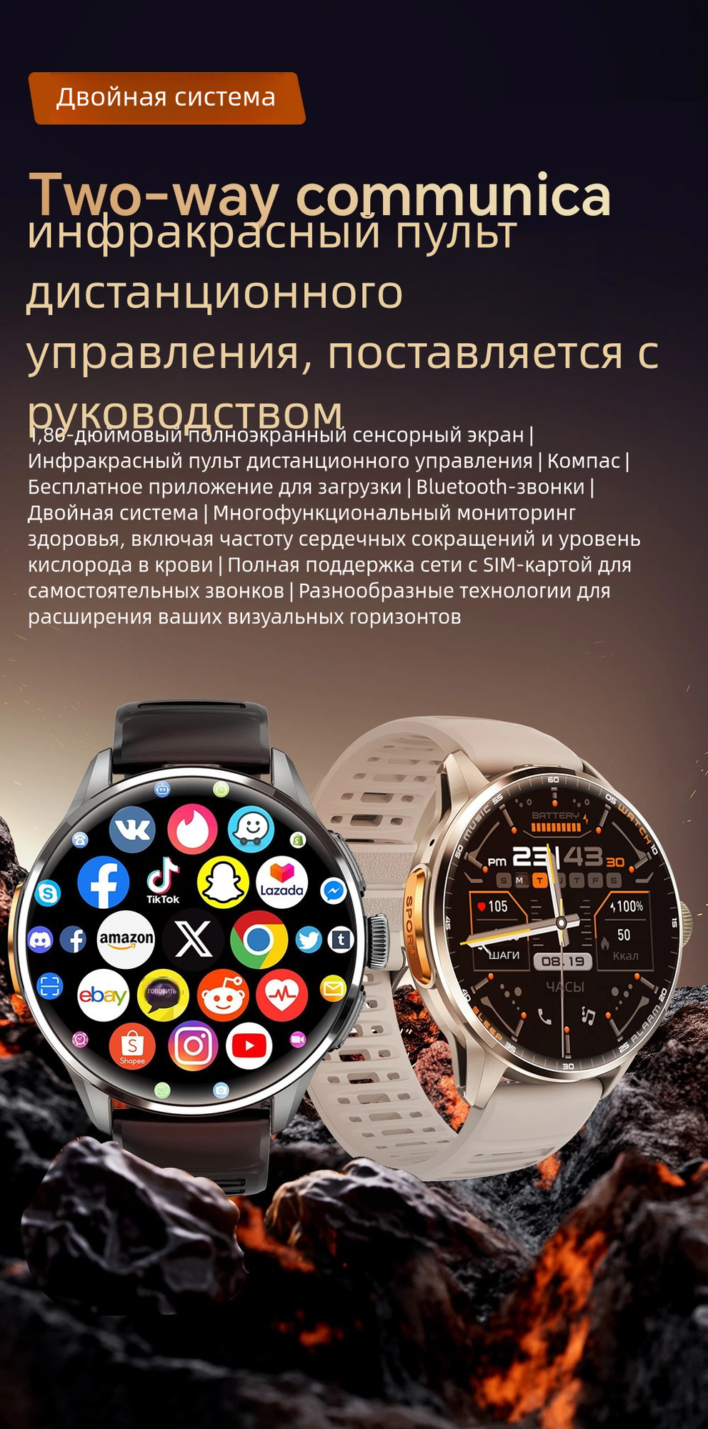 Смарт часы 4G 1.8" AMOLED 3+32 ГБ, WiFi, Android 8.1, поворотная камера 8 МП, ИК-пульт, GPS, NFC для замков, фитнес-трекер