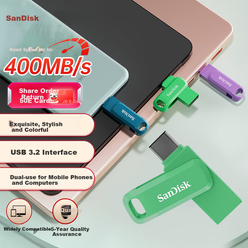 SanDisk 1TB Type-C USB3.2 мобильный SSD-накопитель DDC3 зеленый 400 МБ/с скорость чтения авто-резервирование двойной