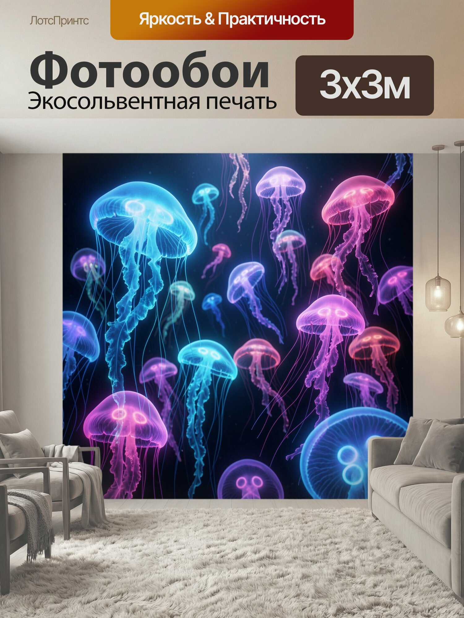 Фотообои "Светящиеся медузы в глубине. Неоновые морские создания парят в темной воде, цифровая фантазийная иллюстрация в синих, розовых и." 300x300 см. экосольвентная печать