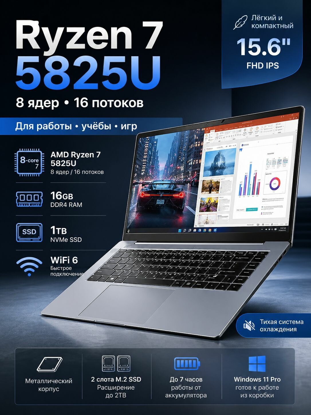 Ninkear Honor-Book A15 Plus(Подходит для игр, работы и подарков) Игровой ноутбук 15.6", AMD Rayzen 7 5825U, RAM 16 ГБ, SSD 1024 ГБ, AMD Radeon, Windows Pro, серый металлик, Русская раскладка