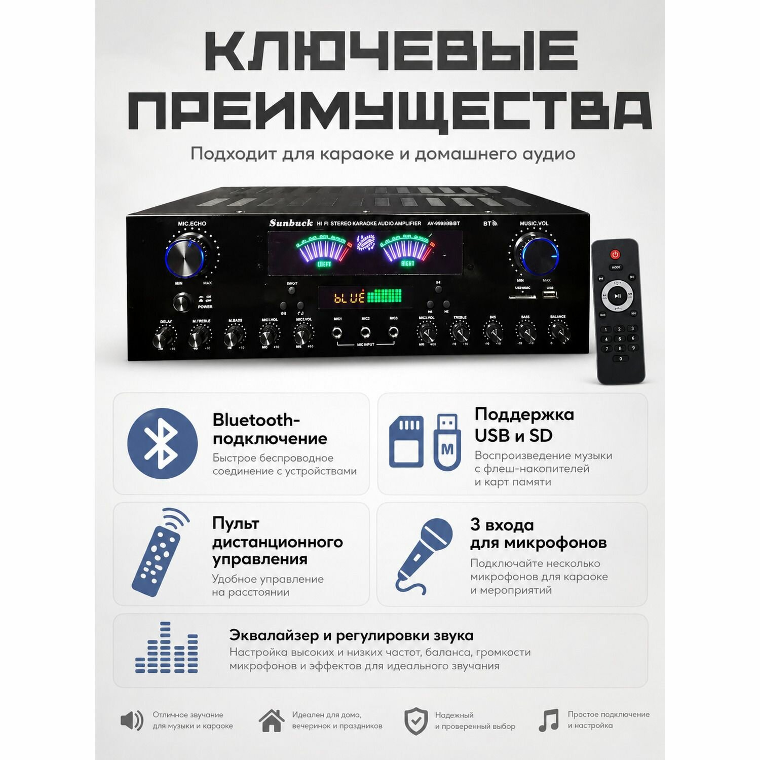 Мощный 7канальный усилитель Sunbuck AV999BT с Bluetooth