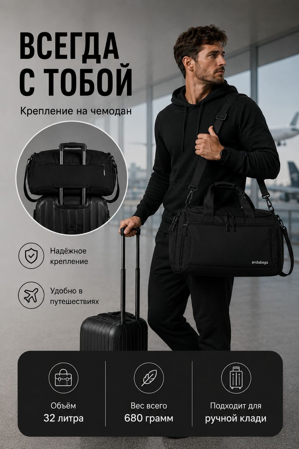 Сумка спортивная andabags, 32 л, 26х25х50 см, ручная кладь, черный матовый — фото 1