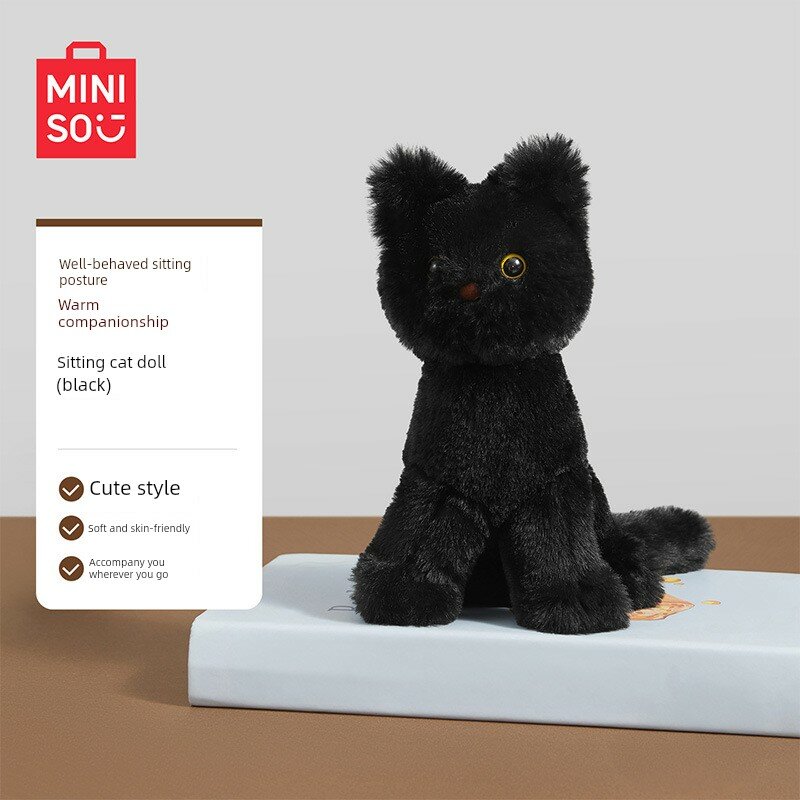 Известный бренд MINISO: милая плюшевая игрушка в виде сидящей кошки, черно-белая. Сидящая кукла-кот, черная_16cm – 17cm