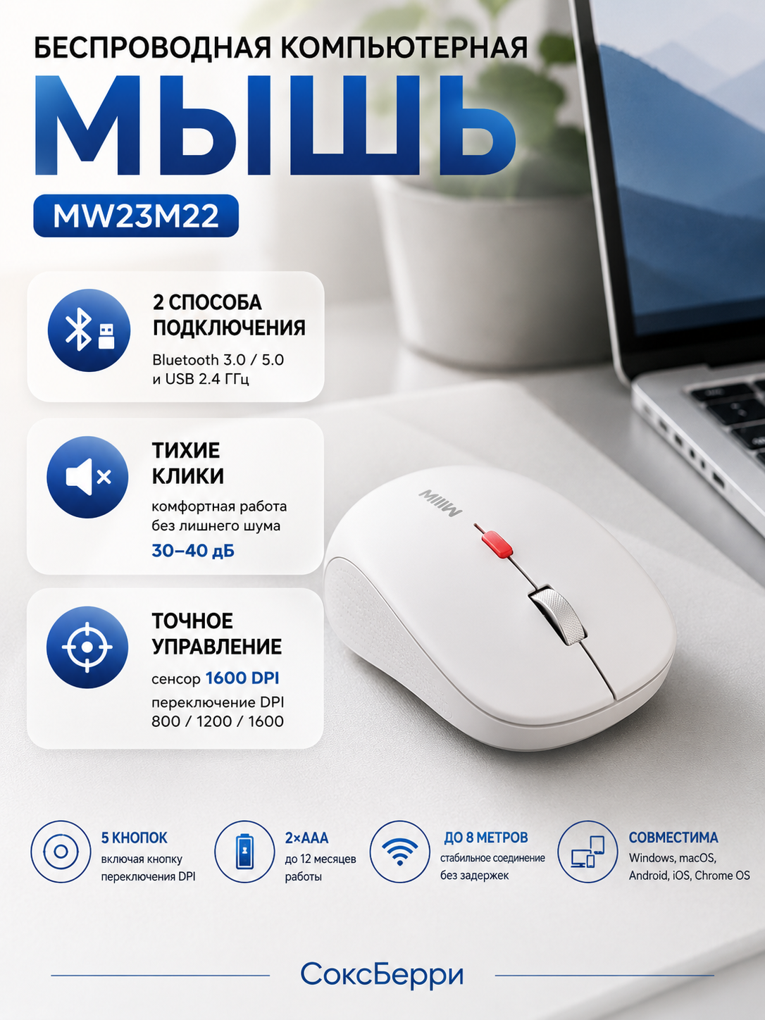 Беспроводная компьютерная мышь MiiiW Wireless Bluetooth Dual Mode Mouse (MW23M22)