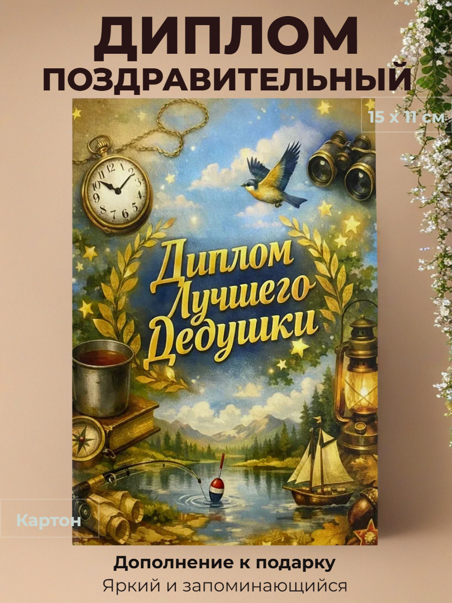 Подарочный шуточный диплом "Самого лучшего дедушки", картон, А6