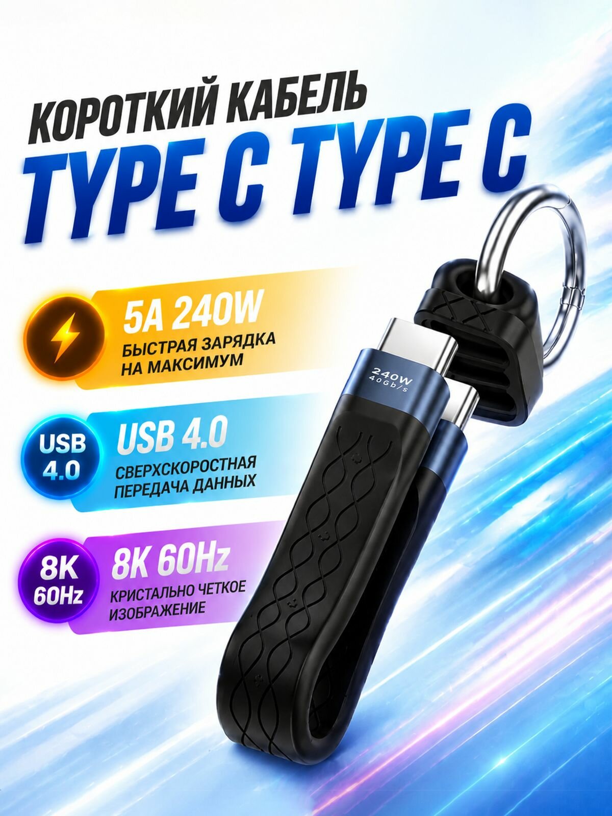 Кабель Type-C Type-C короткий 13 см USB 4.0 240W 5A Thunderbolt