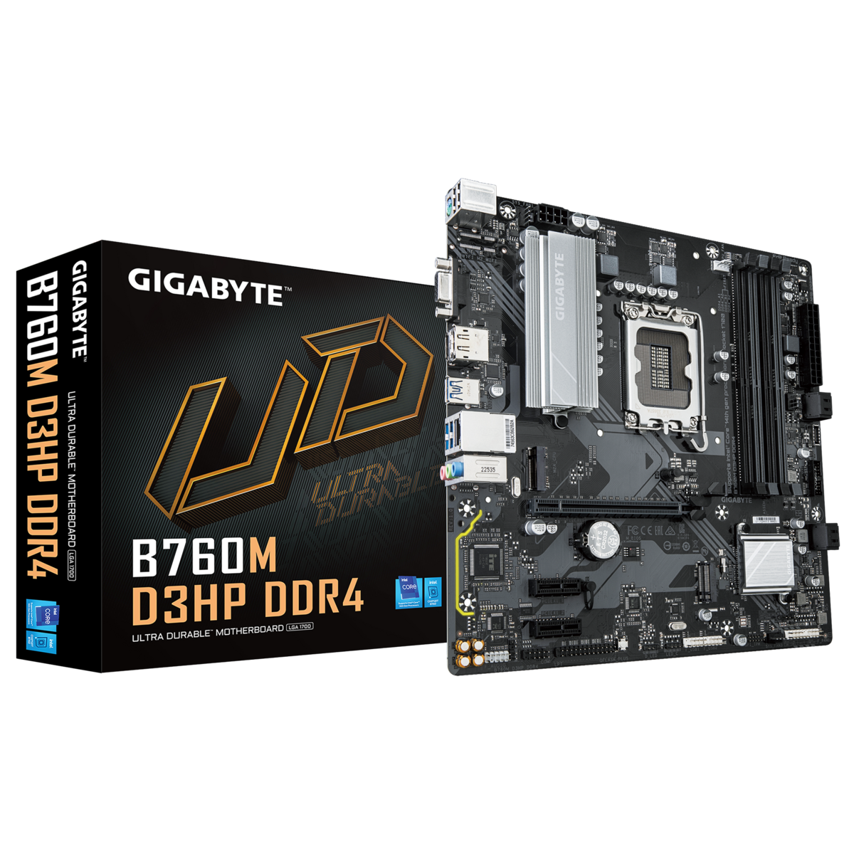 Материнская плата Gigabyte B760M D3HP DDR4, Socket 1700, Intel®B760, 4xDDR4-3200, D-SUB+HDMI+DP, 1xPCI-Ex16, 2xPCI-Ex1, 4xSATA3(RAID 0/1/5/10), 2xM.2, 8Ch Audio, GLan, (2+4)xUSB2.0, (3+2)xUSB3.2, (0+1)xUSB3.2 Type-C™, 1xPS/2, ATX, RTL уц-3-2