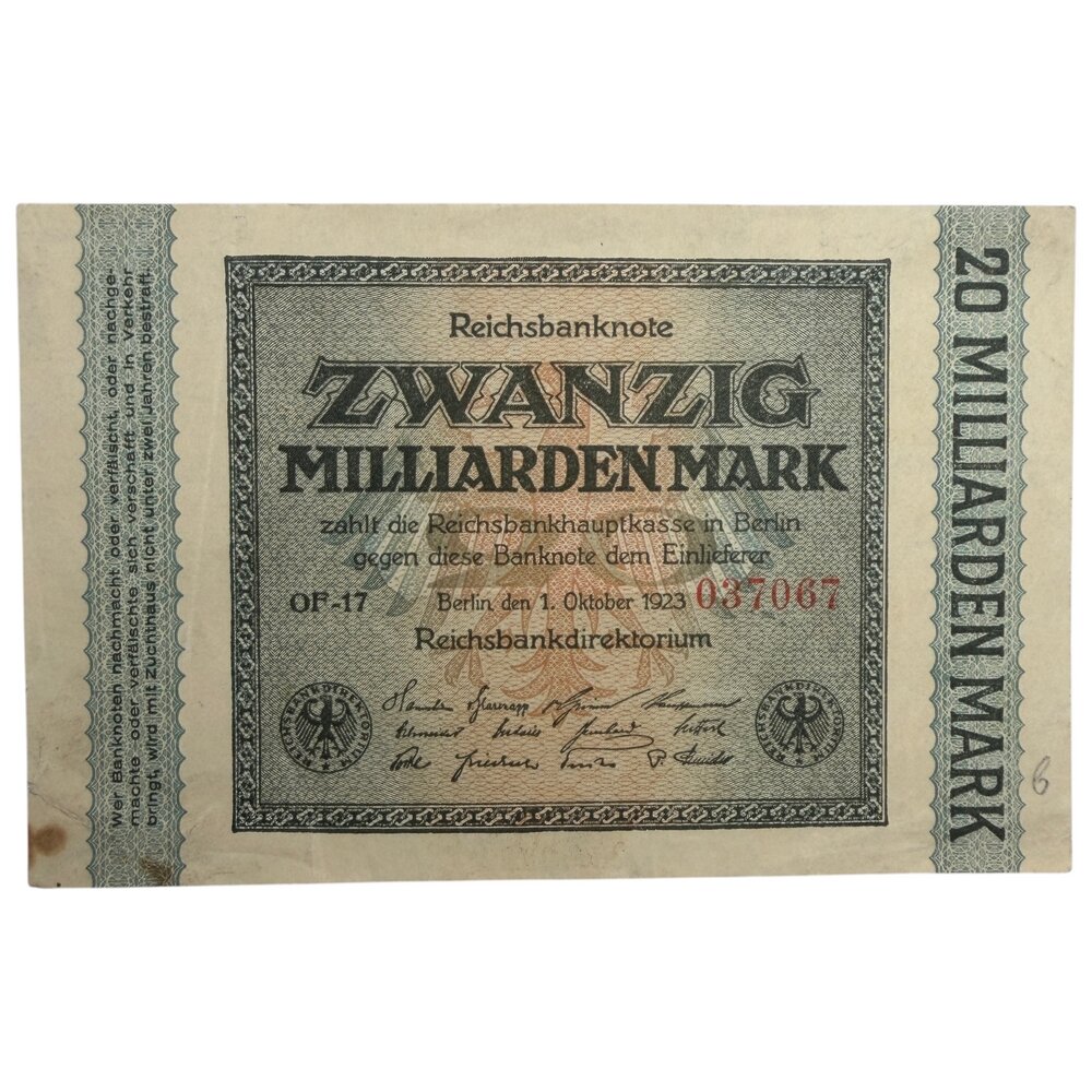 Веймарская республика 20000000000 (20 миллиардов) марок 1923 г. (ВЗ - Звёзды G&D) (Серия OF-17)