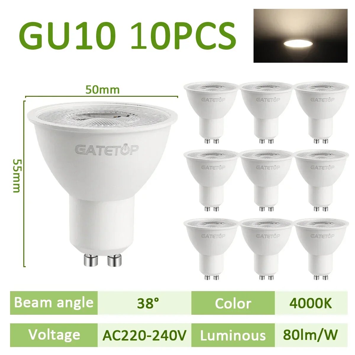 LED лампа Gatetop GU10 3000K/6000K теплый белый свет 10 шт 220В Зеленый, 38degree 4000K, Yes, 3w