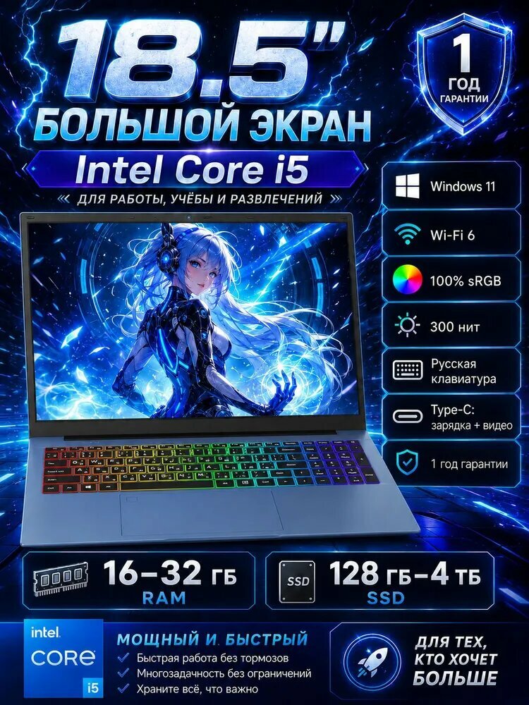 Vicyoung 18.5" большой экран FHD IPS, Intel Core i5, Wi‑Fi 6, RGB-подсветка, настраиваемая конфигурация, Игровой ноутбук 18.5", Intel Core i5-1038NG7, RAM 16 ГБ, SSD 1024 ГБ, Intel Iris Plus Graphics G7, Windows Pro, голубой, Русская раскладка