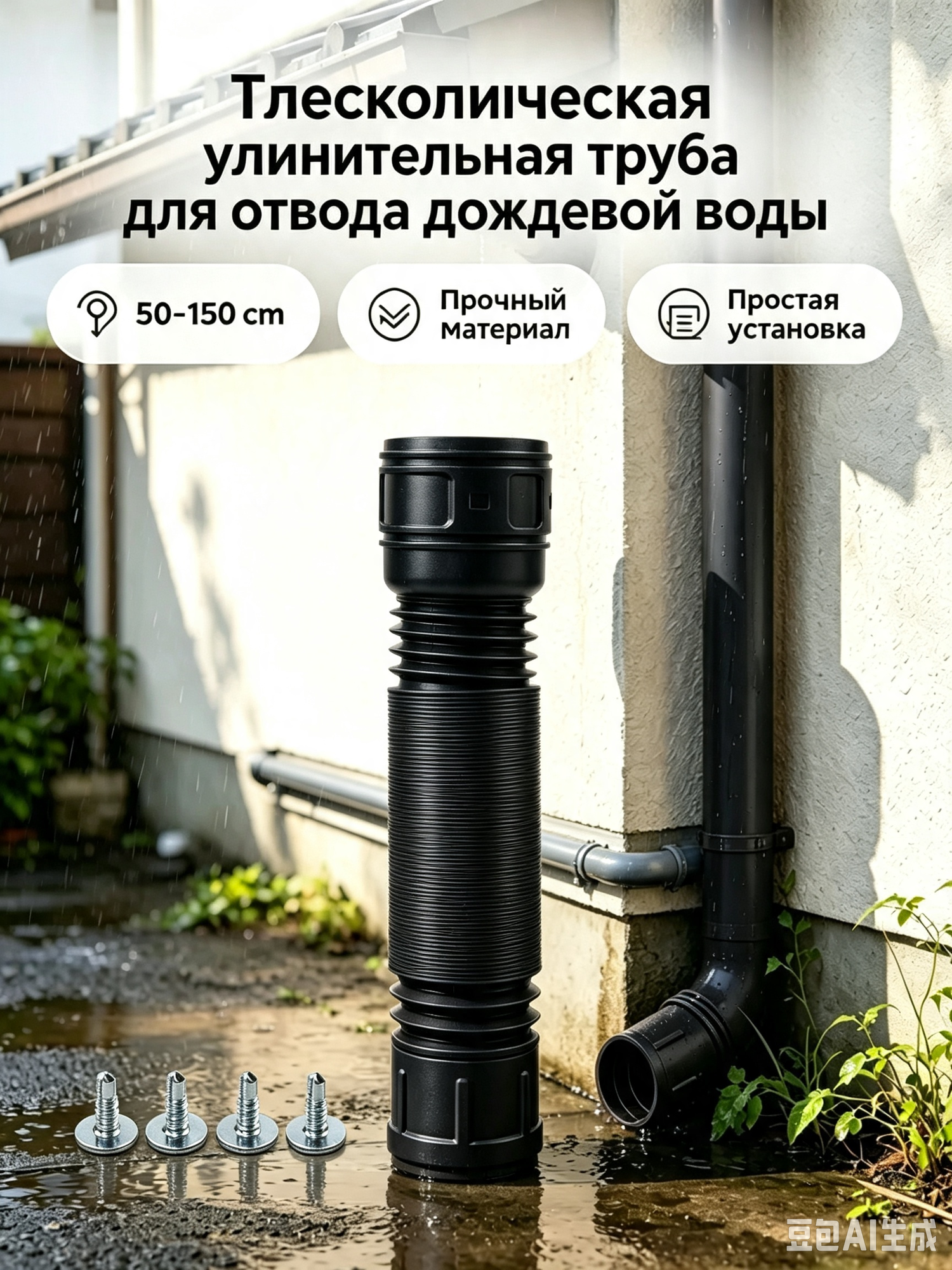 Черная телескопическая труба водостока из ПП, удлинитель для наружного отвода дождевой воды для коттеджа и дачи