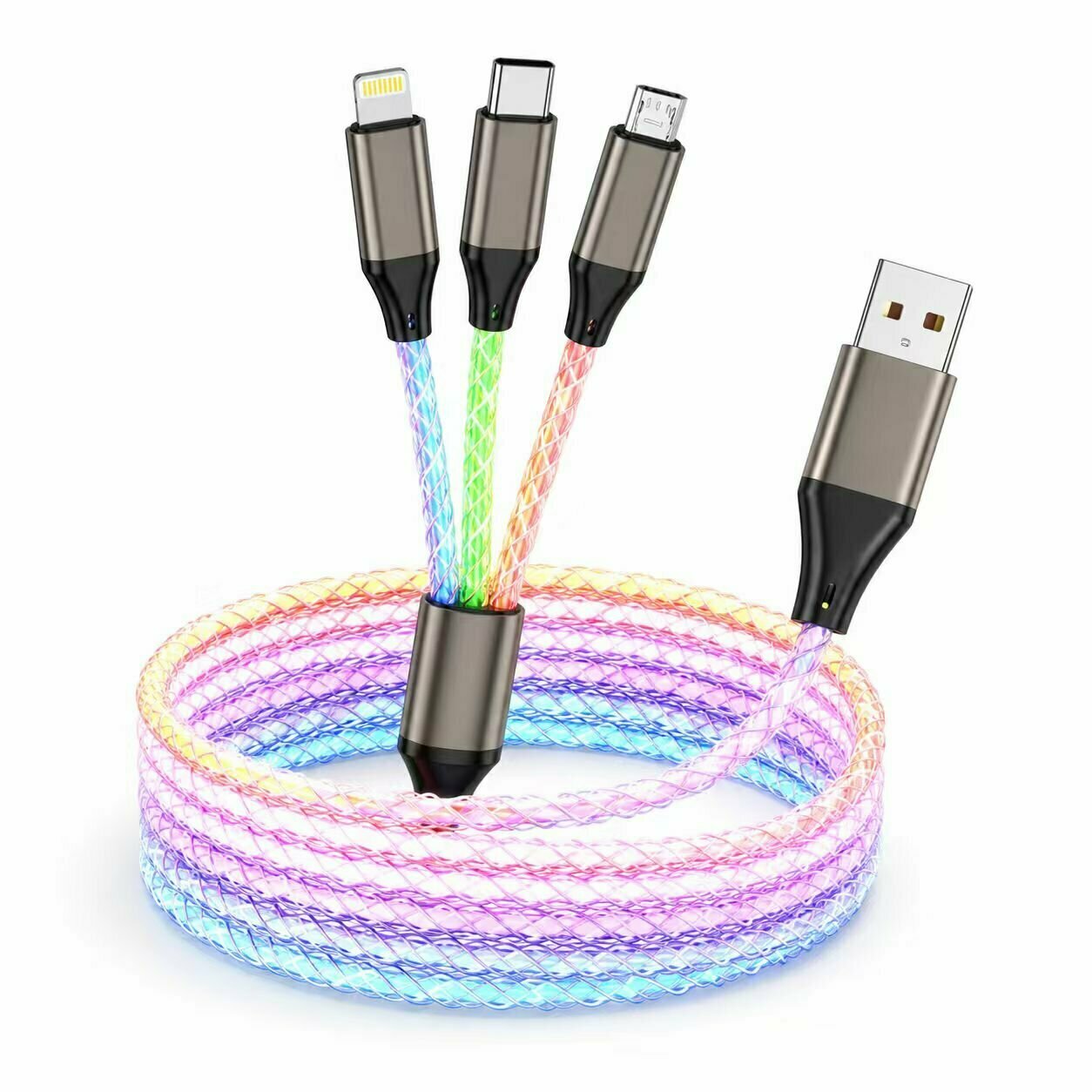 Кабель для зарядки и передачи данных 3-в-1, Lightning / Type-C / Micro USB, быстрая зарядка, светящийся градиентный дизайн, для автомобиля, 1 шт.