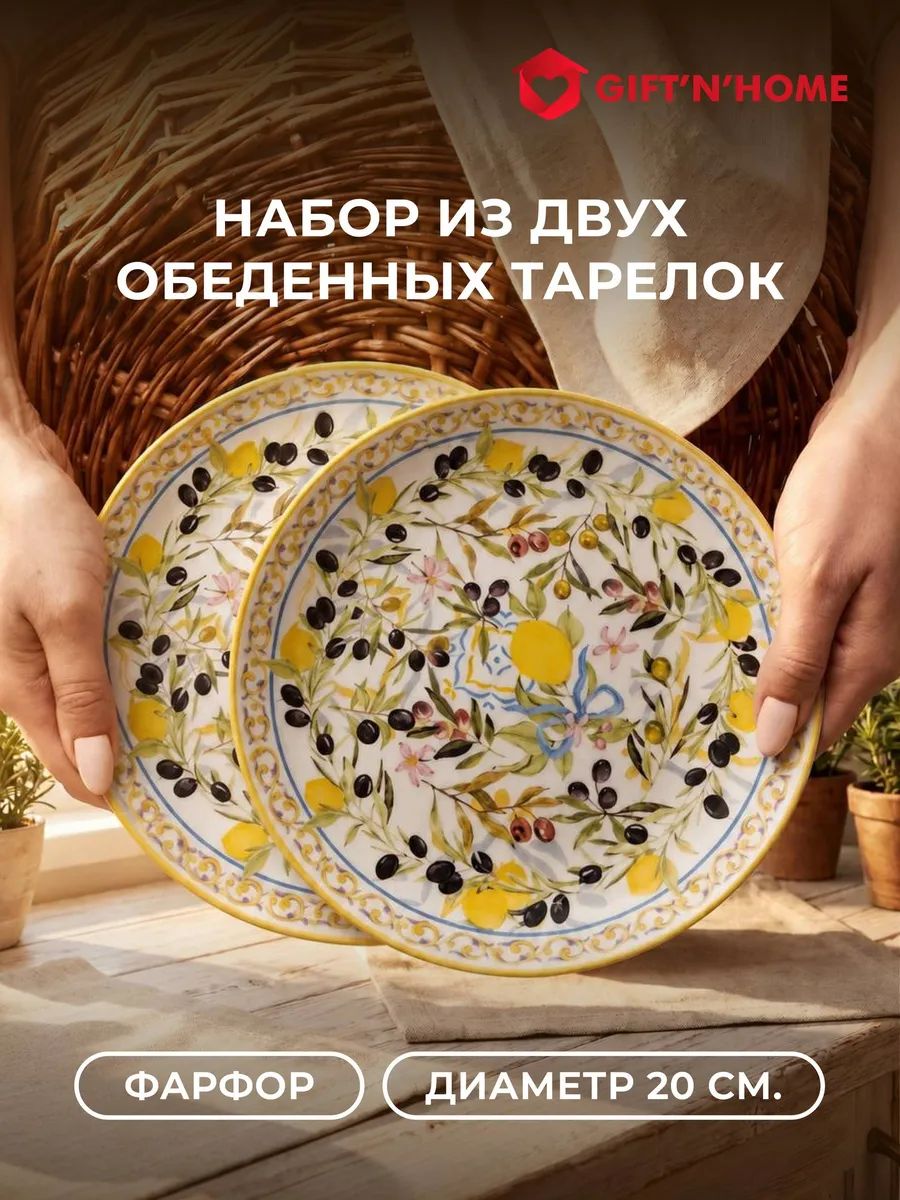 Подарочный Набор десертных тарелок , костяной фарфор, диаметр 20 см, 2 шт , серия Оливки