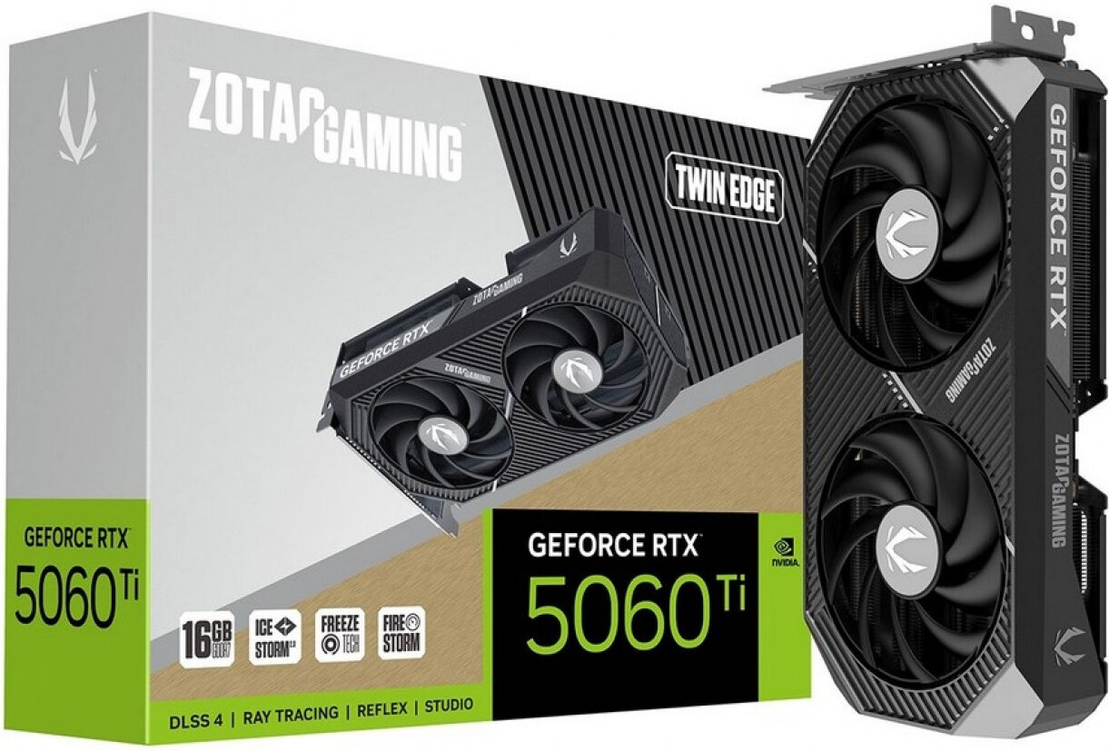Видеокарта ZOTAC Gaming RTX 5060 TI Twin Edge, 16 Gb, GDDR7, IceStorm 2.0, 8K, 2 вентилятора