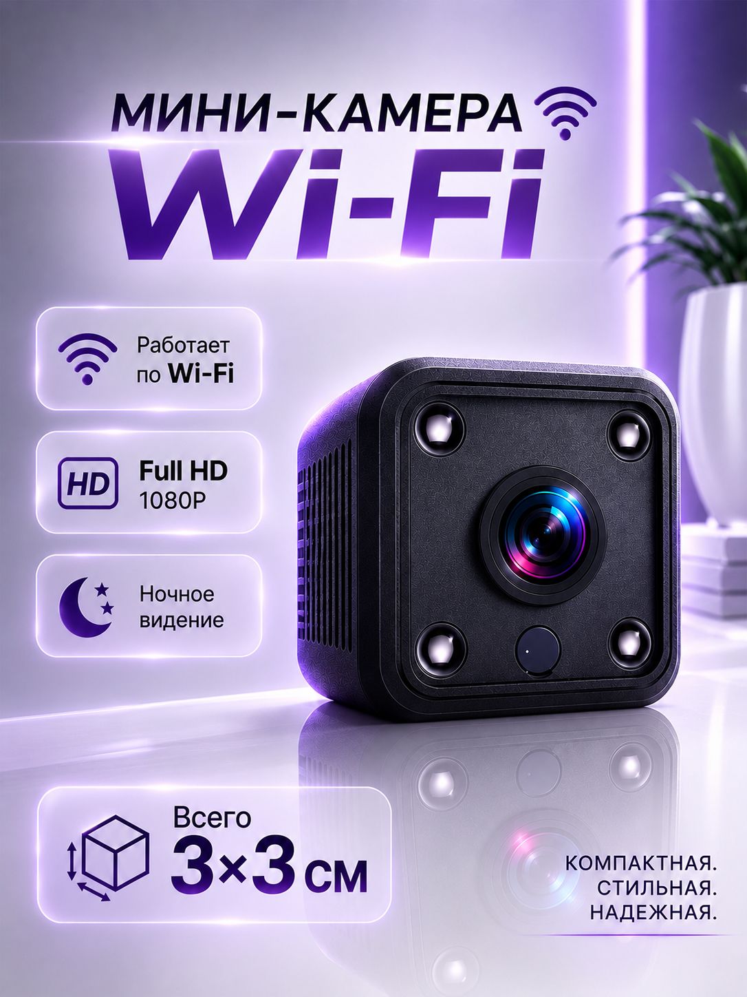Камера видеонаблюдения мини беспроводная wifi, 2 Мп