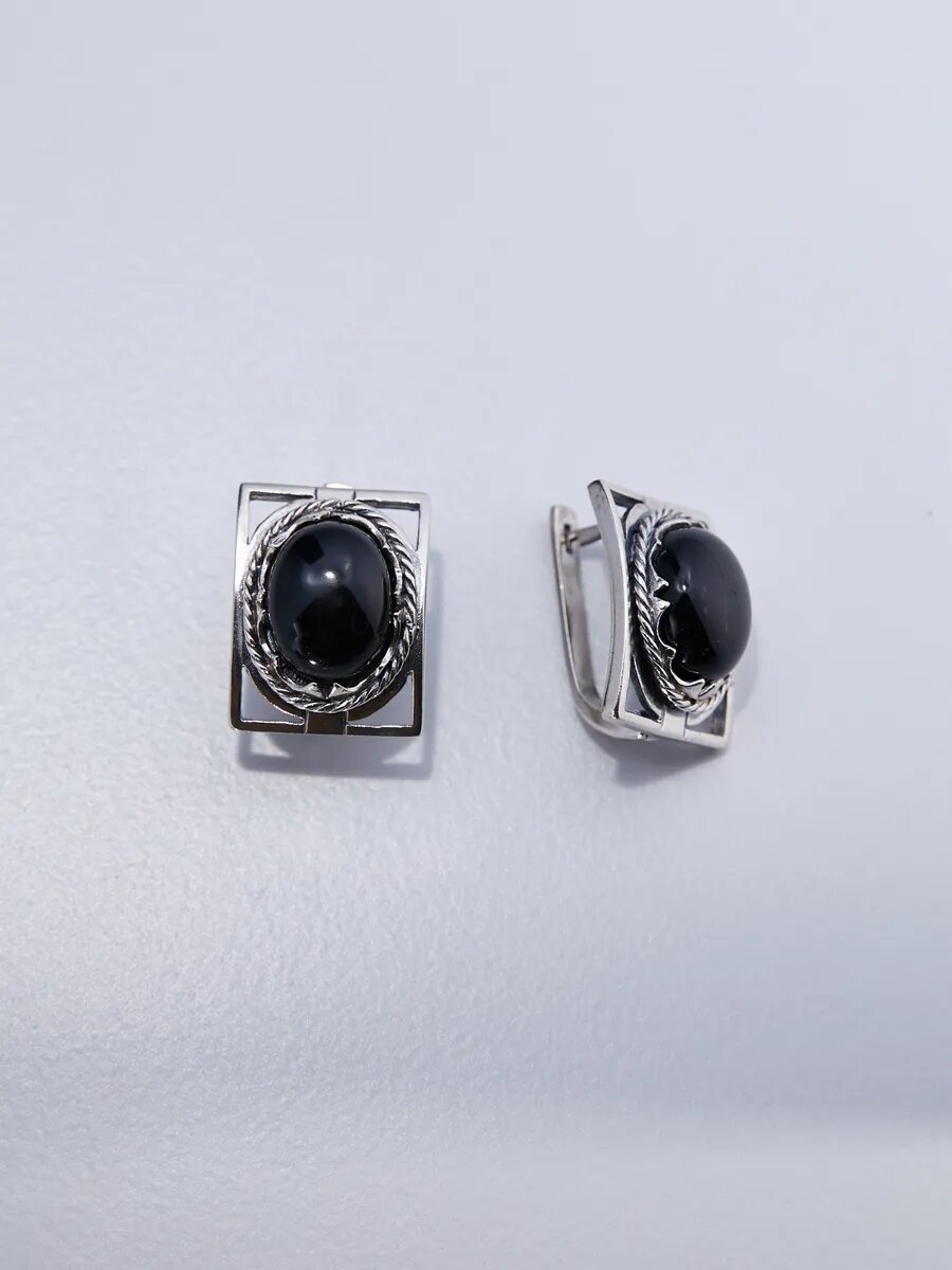 Серьги БРЮС, серебро, 925 проба, обсидиан