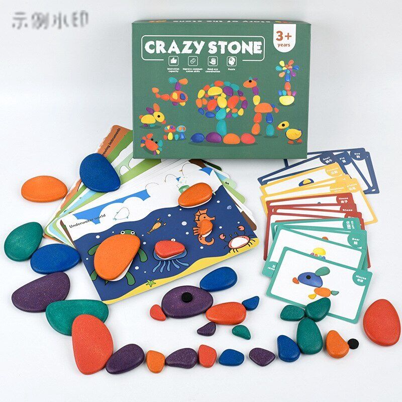 Детская развивающая игра с камнями и карточками "Crazy Stone" / цветные / радужные камни