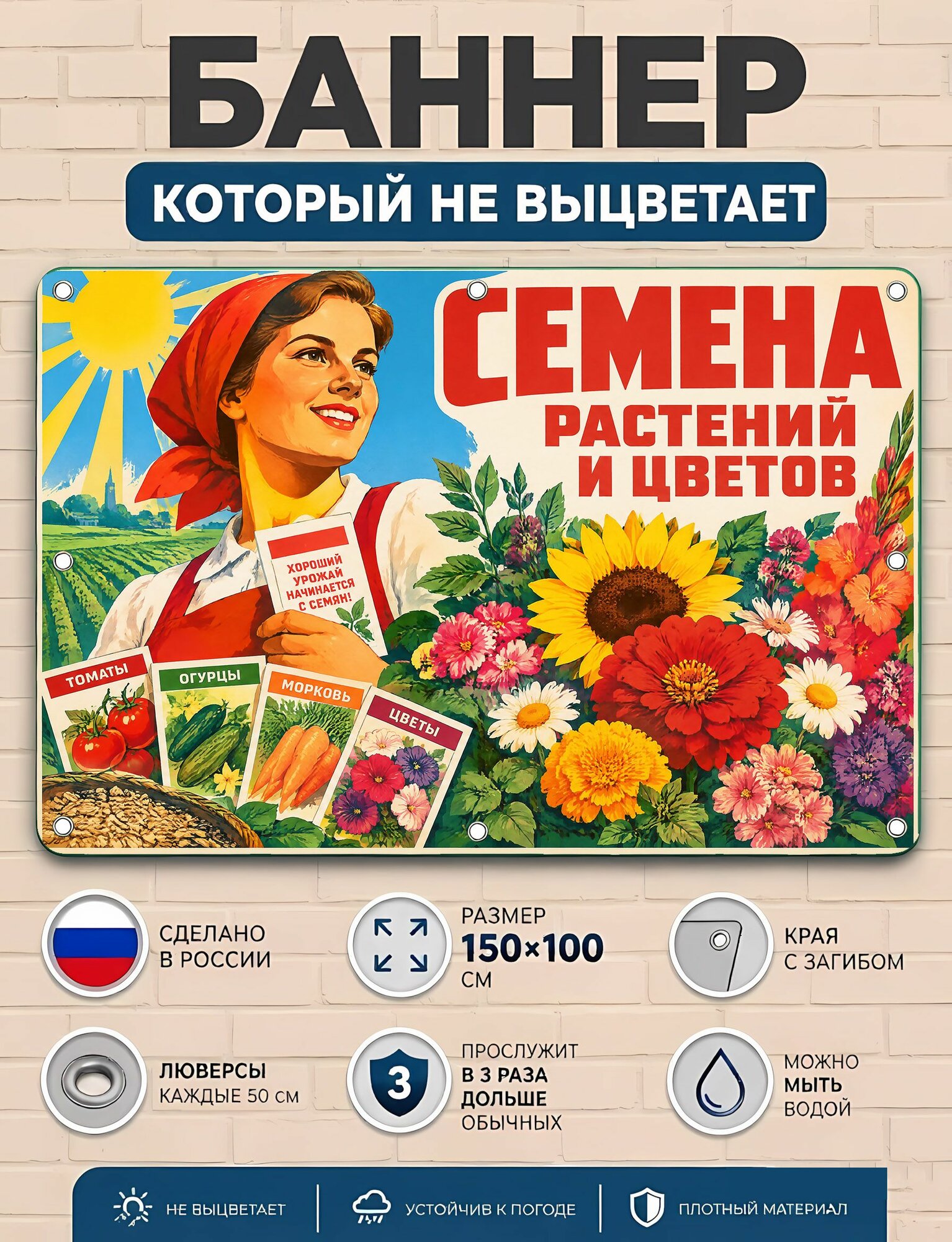 Семена - баннер рекламный уличный вывеска, плакат ПВХ для бизнеса и торговли 100х150 см с люверсами