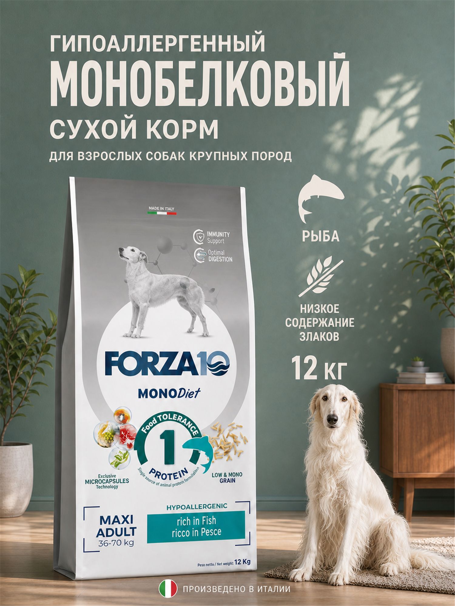 Сухой корм FORZA10 MonoDIET Adult MAXI для взрослых собак крупных пород с рыбой, 12 кг
