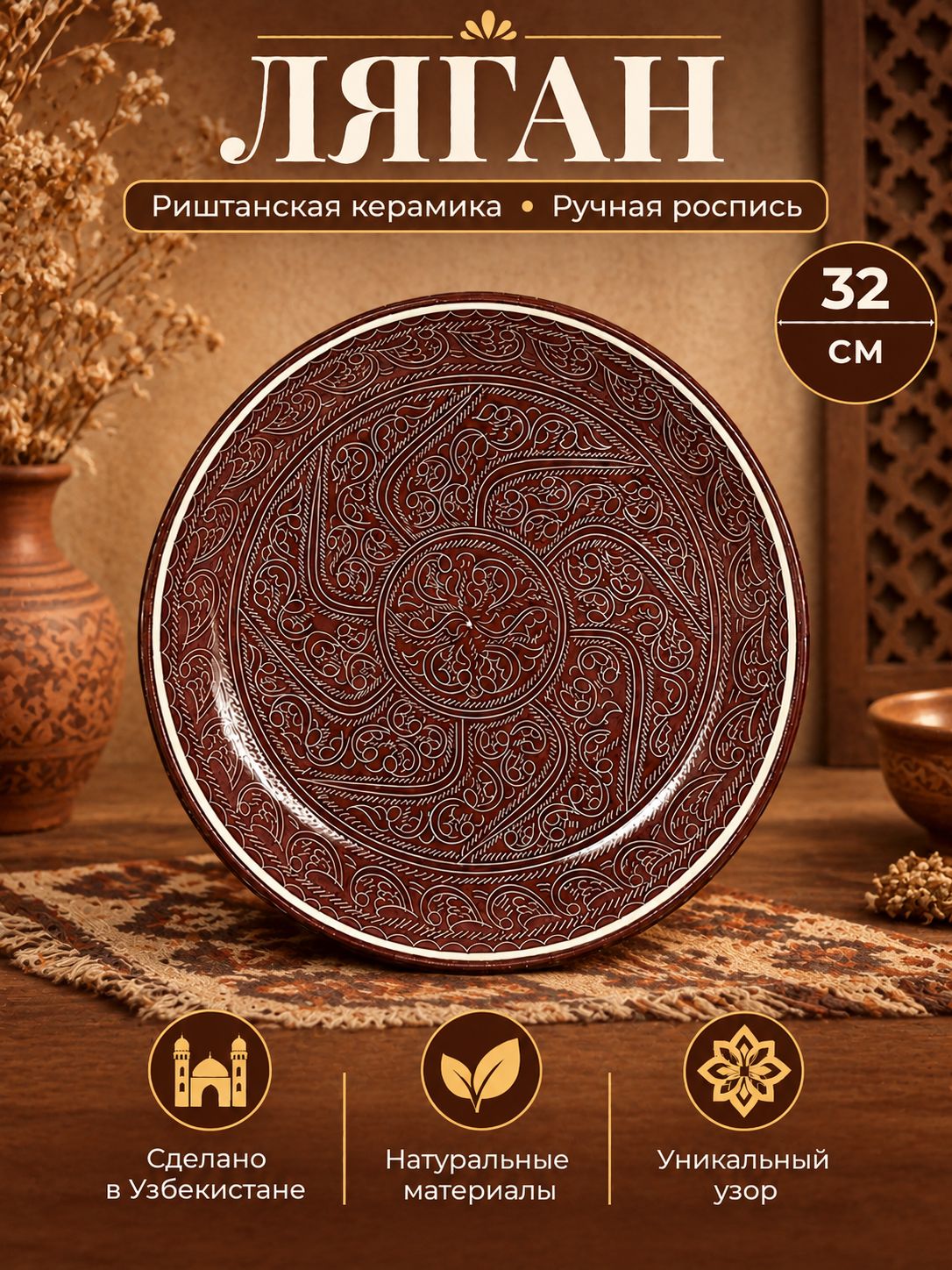 Блюдо Ляган, Узбекская посуда, Узбекская тарелка, Риштанская Керамика, 32 см, шоколадный