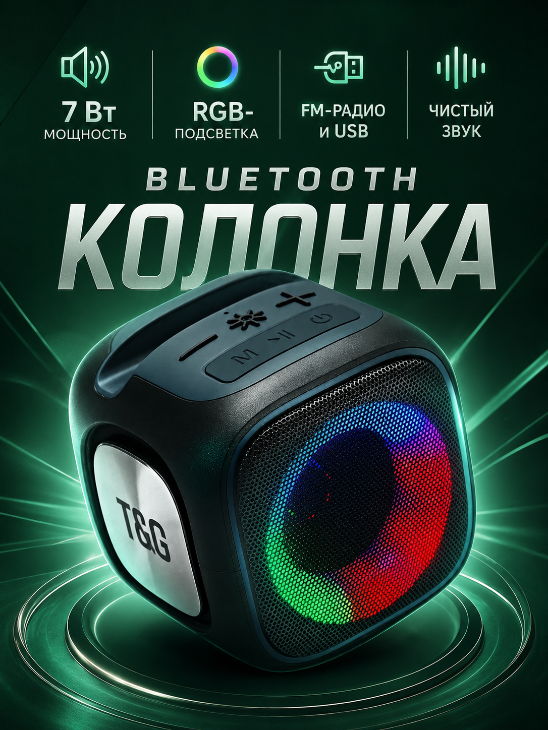 Беспроводная портативная Bluetooth колонка, LED подсветка, FM-радио, TF, USB, Черно-синий