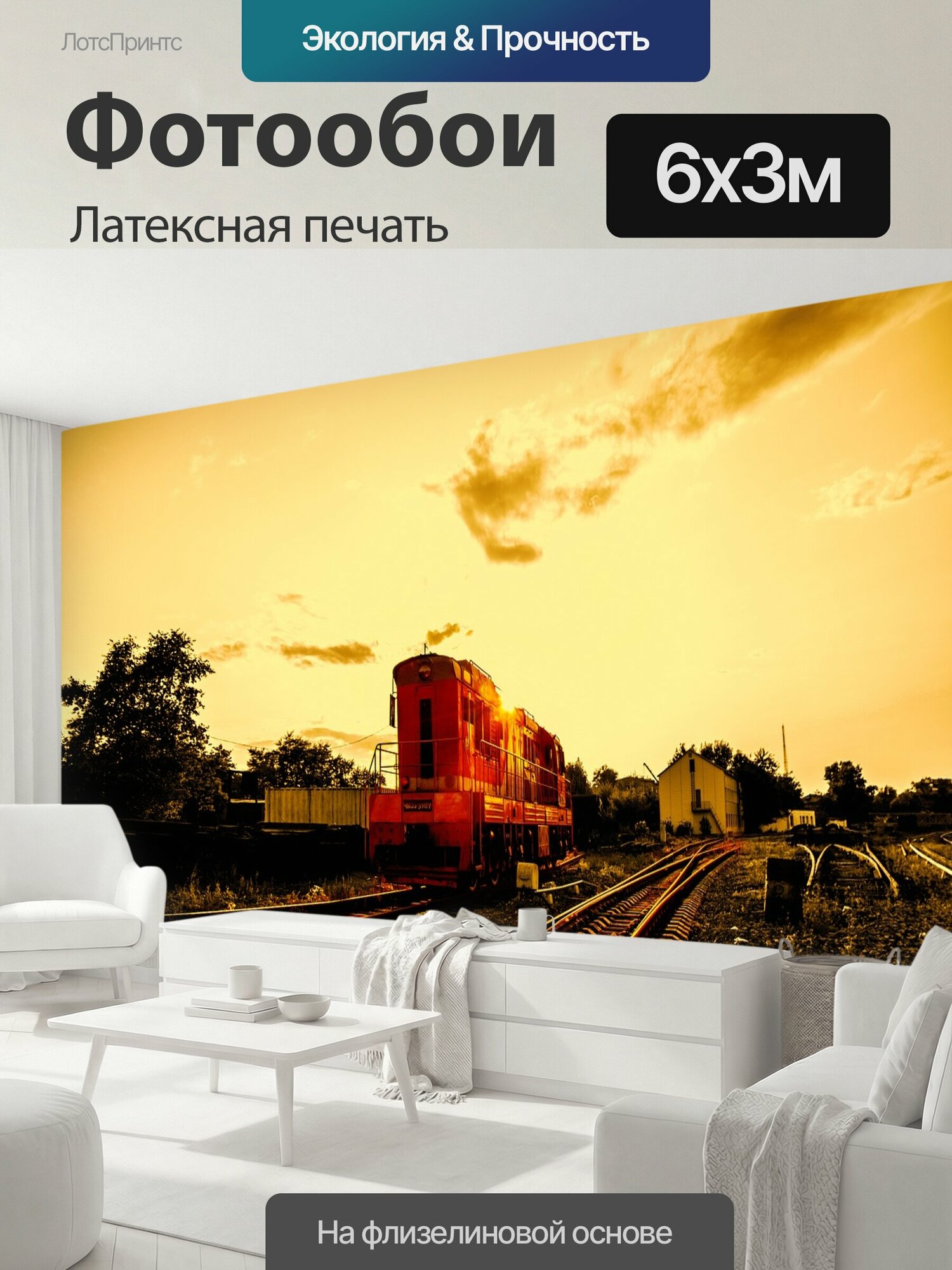 Фотообои моющиеся ударопрочные "Паровоз, состав, железная дорога" 600x300 см. латексная печать