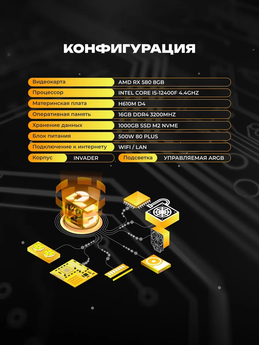 Системный блок мощный ПК, AMD Radeon RX 580, Intel Core i5-12400F, DDR4 16 ГБ, SSD 1 ТБ — фото 1