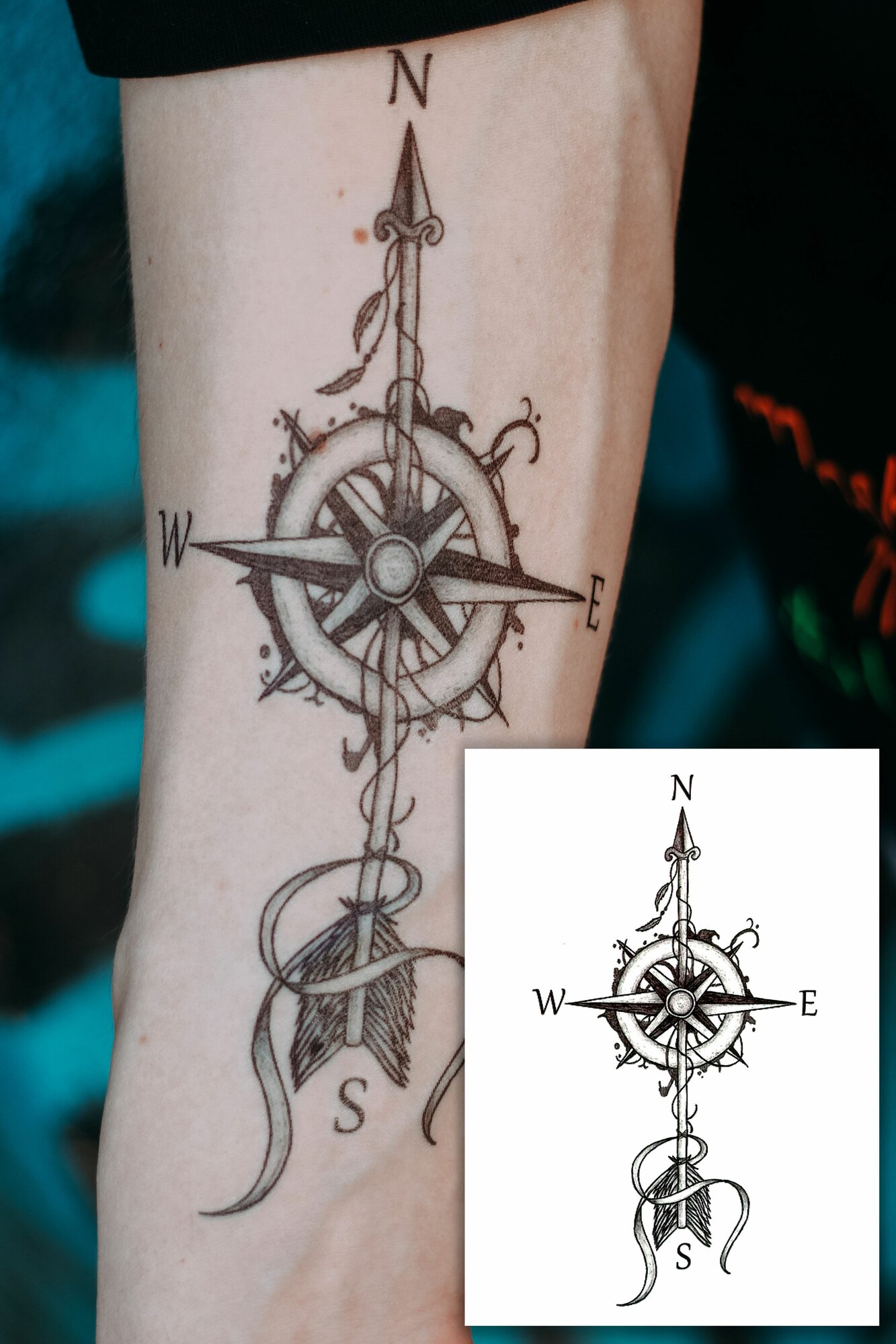 Tattoo'шки Временная тату "Компас" 21*10см временная татуировка 21см на 10см