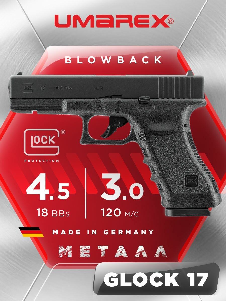 Пневматический пистолет Umarex Glock 17 кал. 4,5 мм, черный матовый, 5.8361
