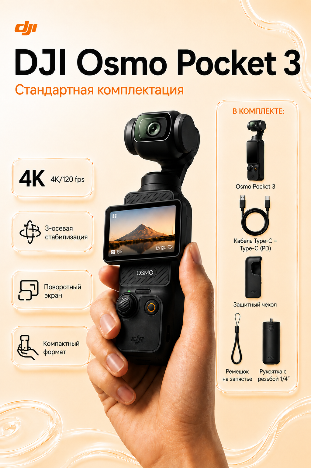 Экшн-камера DJI Osmo Pocket 3 , Видеокамера с 1' CMOS и видео 4K / 120 кадров в секунду, черный