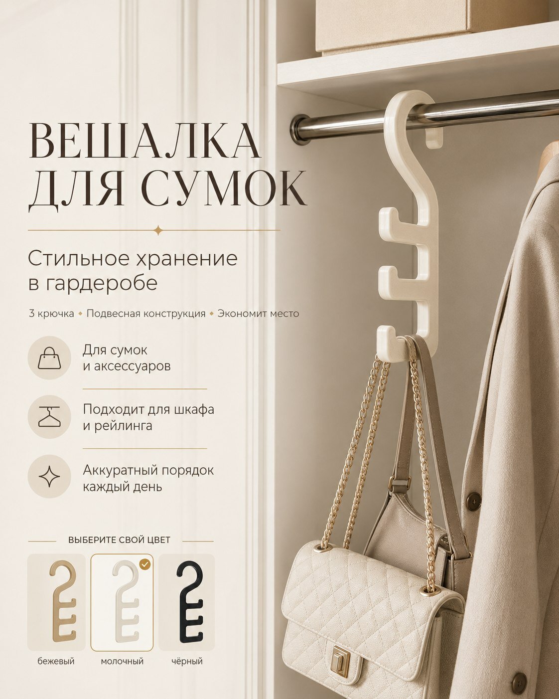 Вешалка органайзер для сумок для ремней для шкафа белая